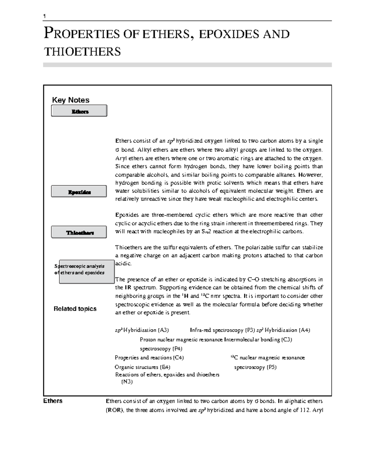 Properties OF Ethers - 1 PROPERTIES OF ETHERS, EPOXIDES AND THIOETHERS ...