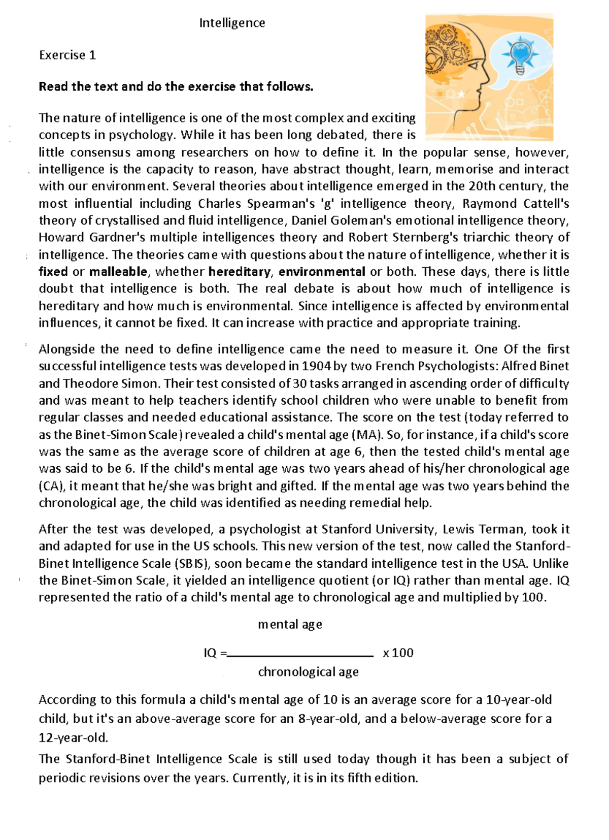 1. Intelligence - Assignment - Intelligence Exercise 1 Read the text ...