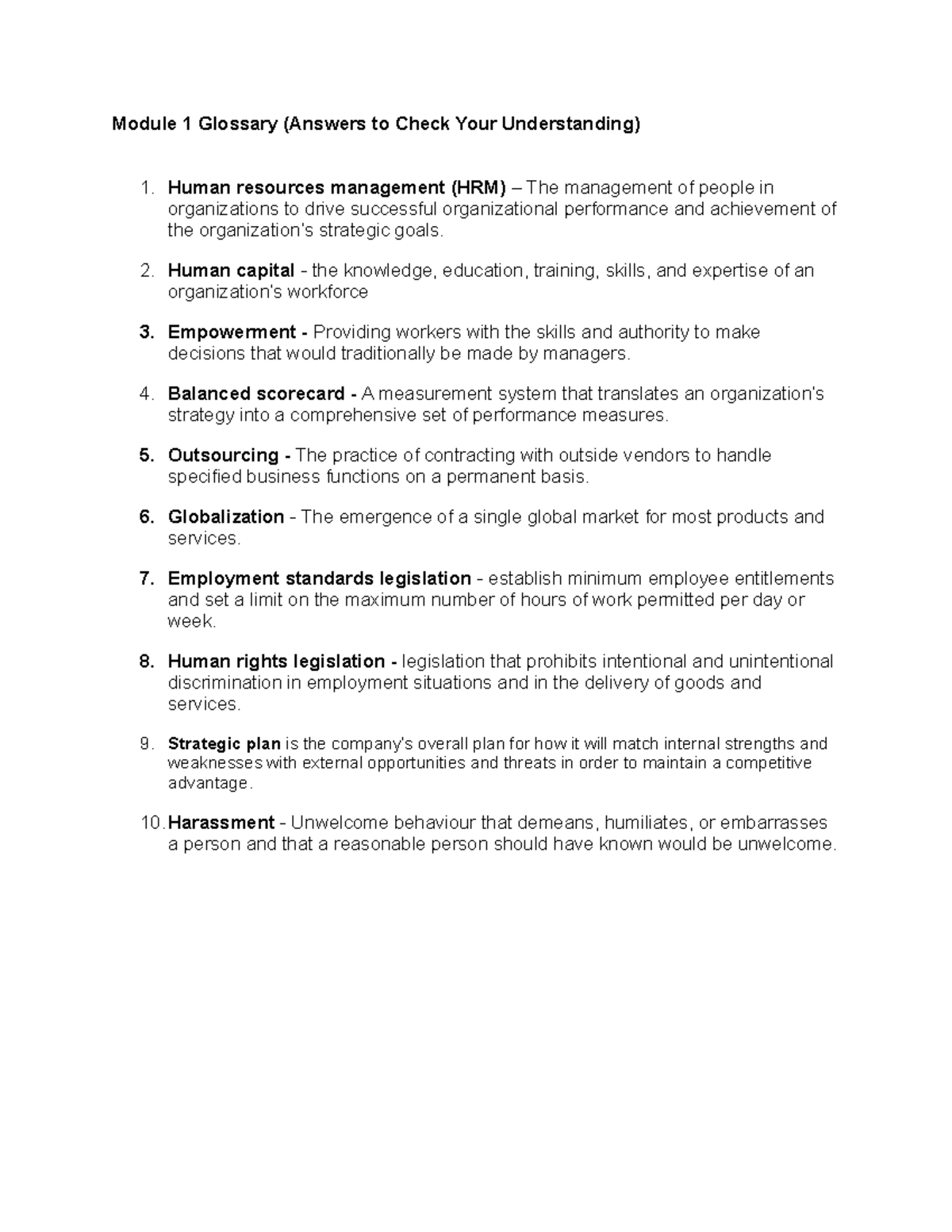 HRMT Module 1 Check Your Understanding - Module 1 Glossary (Answers to ...