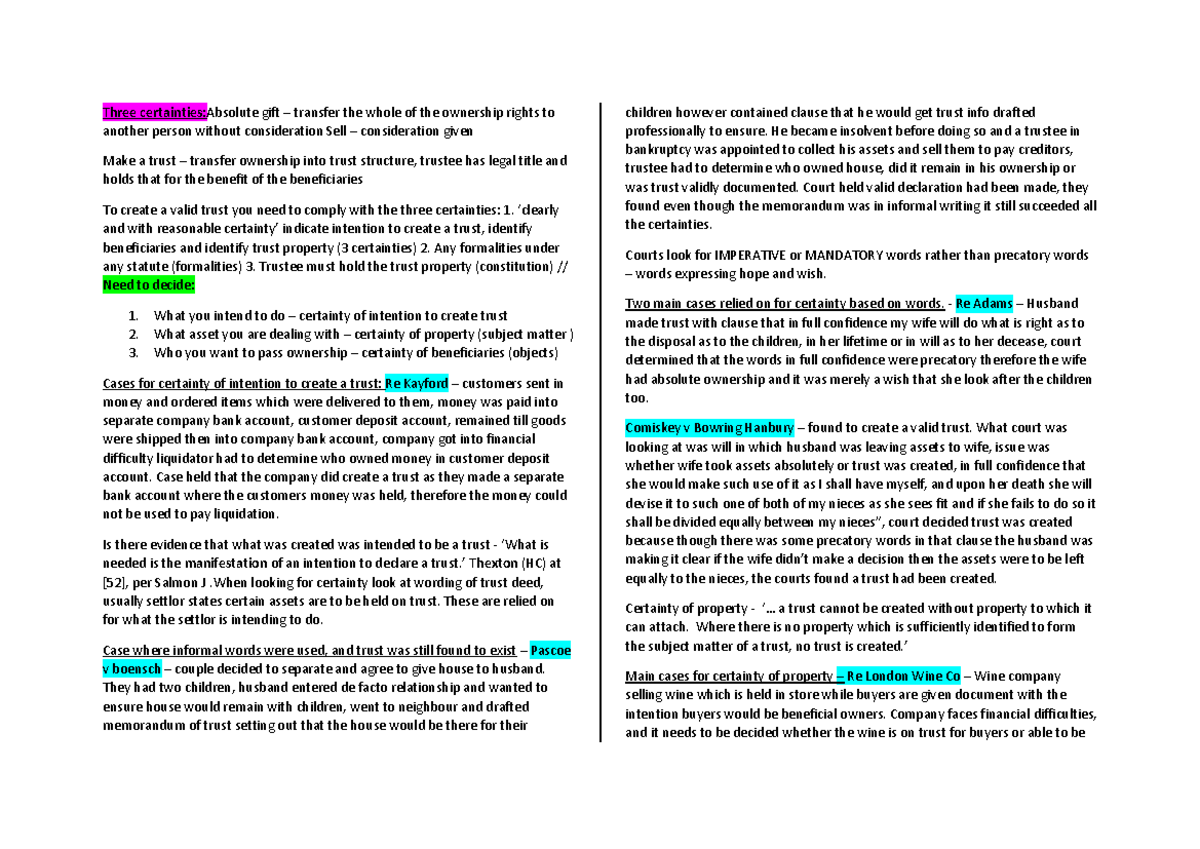 Exam Notes Trusts Trusts Aut Studocu