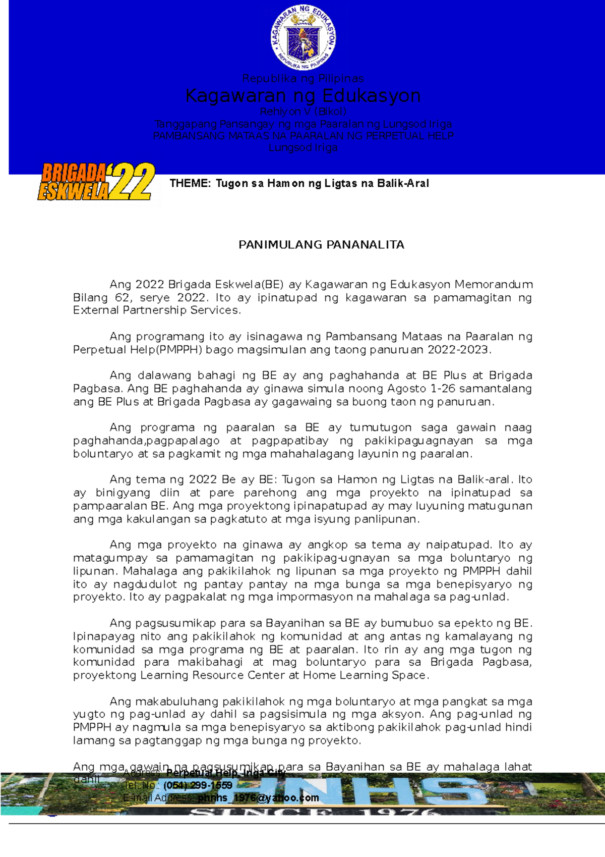 BE Pagsusumikap para sa Bayanihan sa BE - PANIMULANG PANANALITA Ang ...