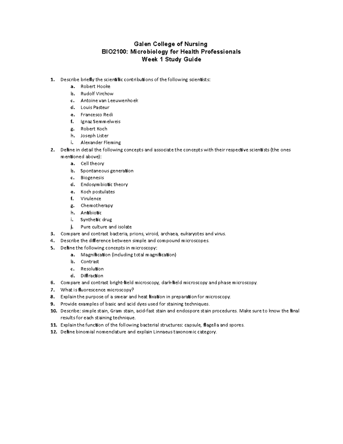 BIO2100 Week+1+Study+Guide - Galen College of Nursing BIO2100 ...