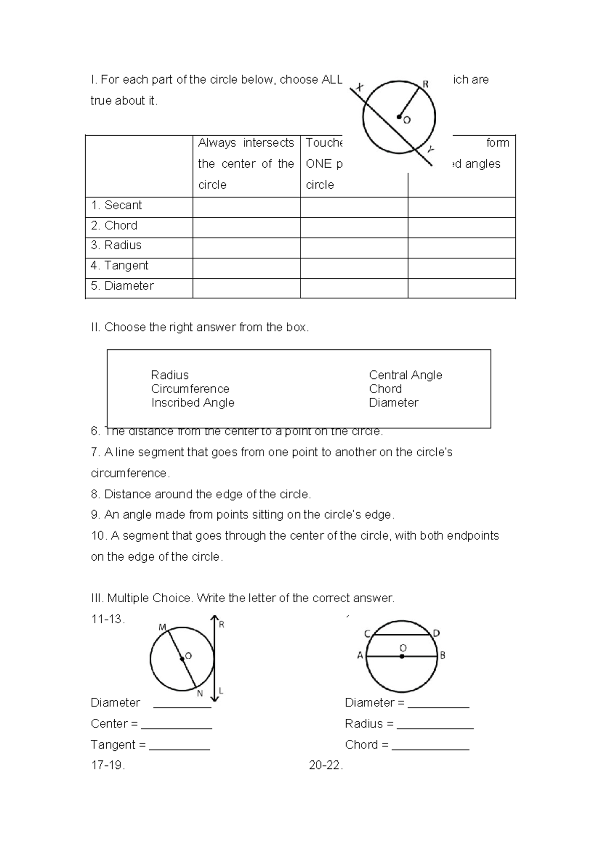Circles Additional act - I. For each part of the circle below, choose ...