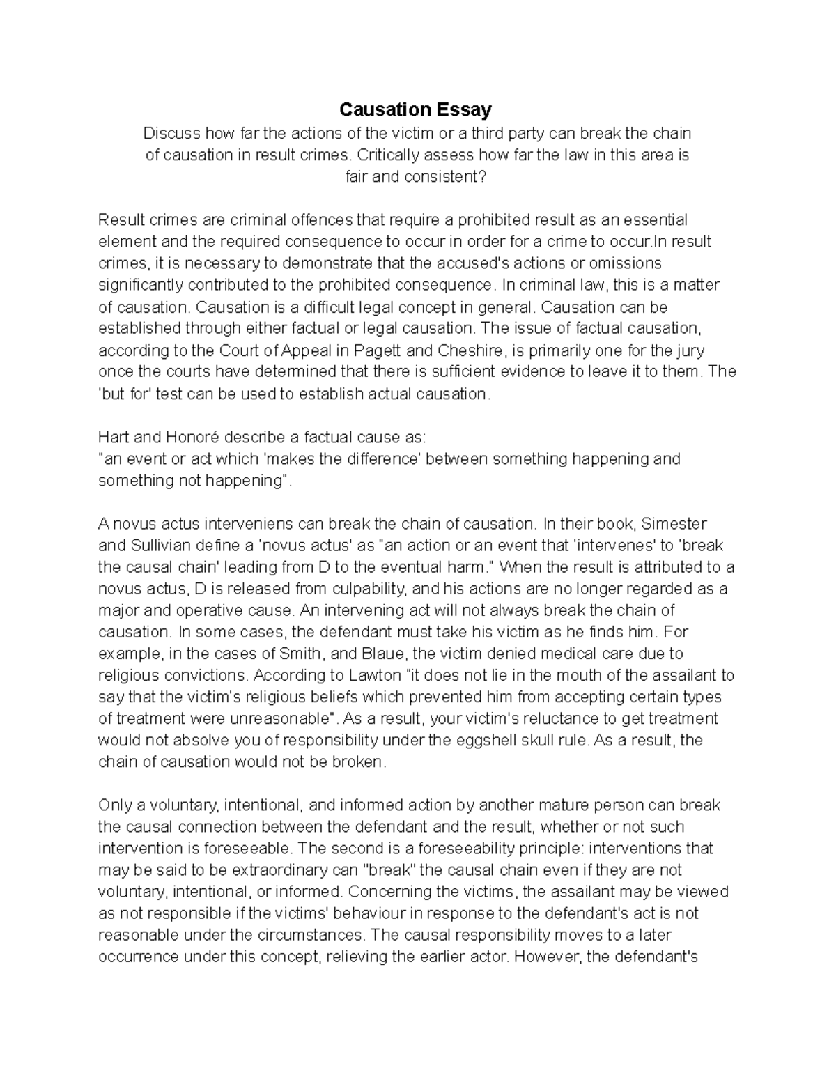 Causation Essay Discussing how far the actions of the victim or a third ...