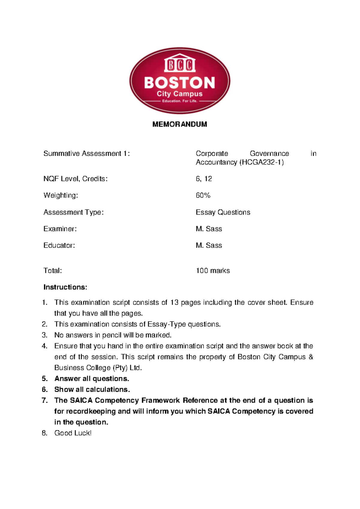 Past Paper 1 - Memo - Revision - MEMORANDUM Summative Assessment 1 ...