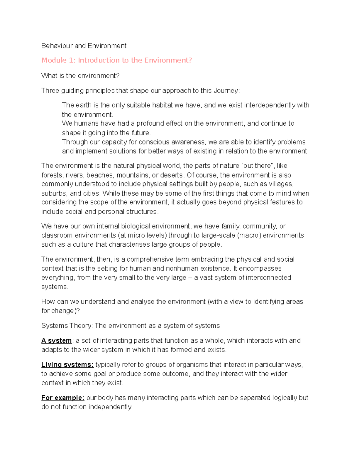 Lecture Notes Behaviour And Environment Module 1 Introduction To The Environment What Is The