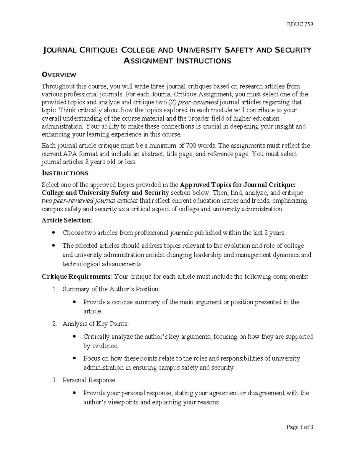 Journal Critique College and University Safety and Security Assignment ...