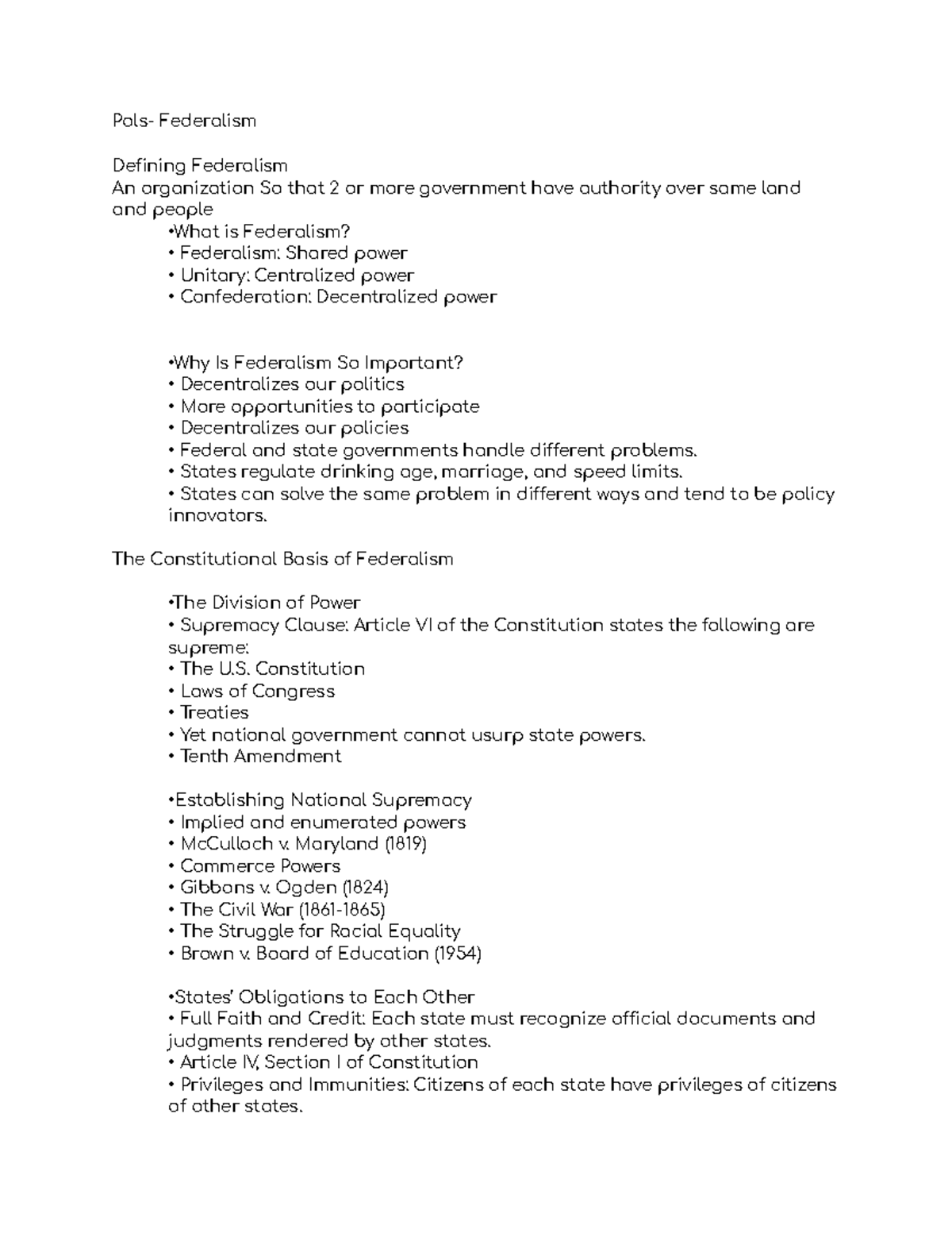 Notes on Federalism - Pols- Federalism Defining Federalism An ...