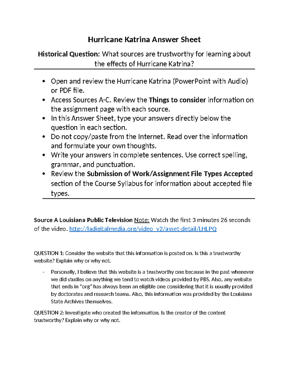Hurricane Katrina Source Evaluation Answer Sheet - Hurricane Katrina ...
