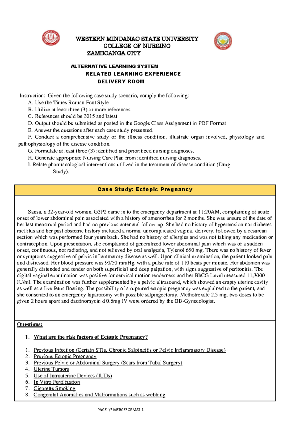 DR CASE ectopic - DR Case Study - WESTERN MINDANAO STATE UNIVERSITY ...