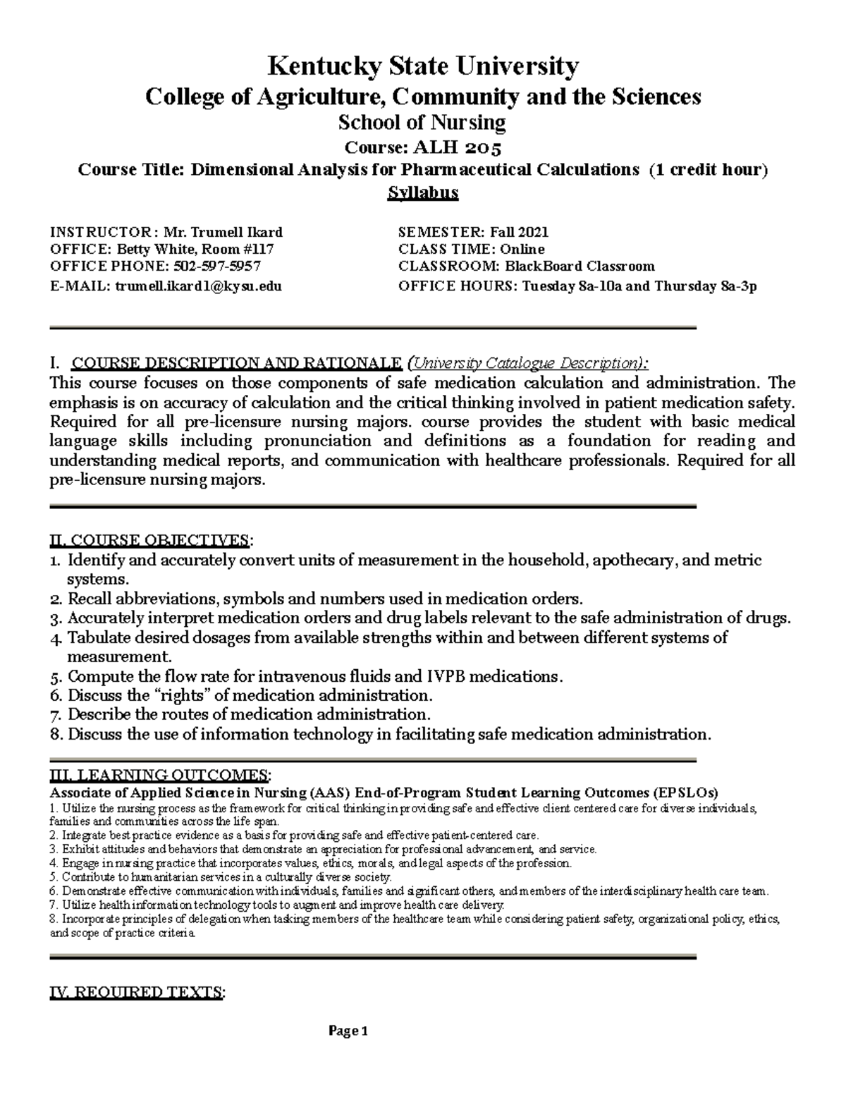 ALH 205 Syllabus - n/a - Kentucky State University College of ...