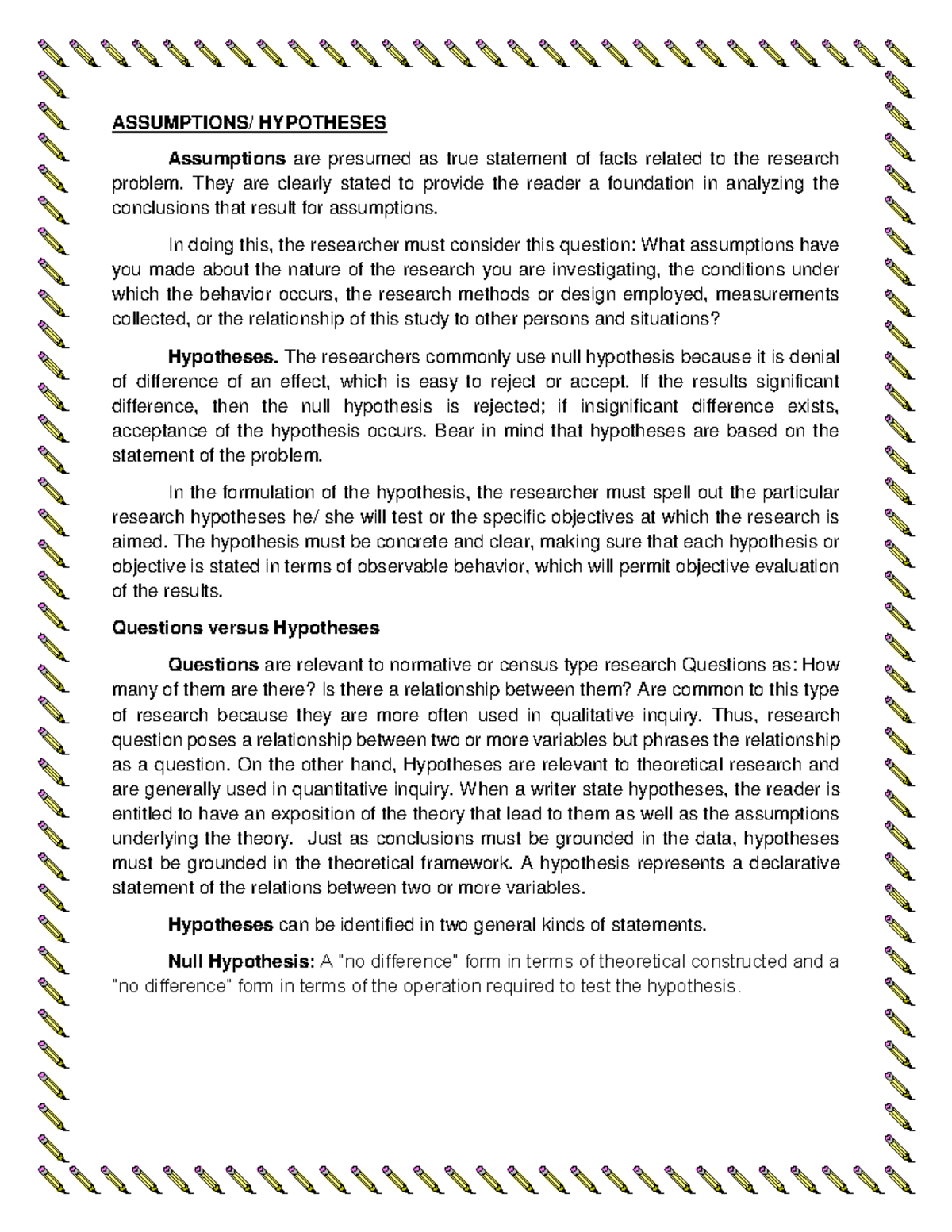 Hypothesis - Summary Bachelor in Elementary Education - ASSUMPTIONS ...