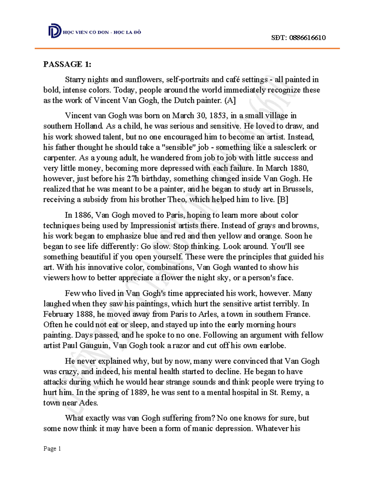 Readingg - Read - PASSAGE 1 : Starry nights and sunflowers, self ...