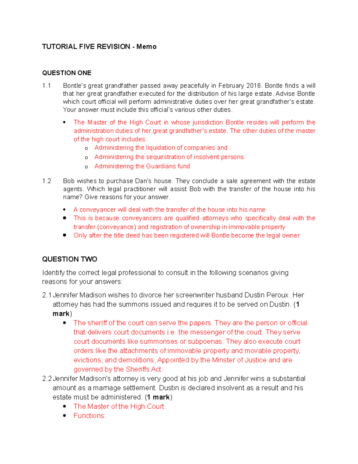 Tutorial 5 Answer Guide 5 - TUTORIAL FIVE REVISION - Memo QUESTION ONE ...