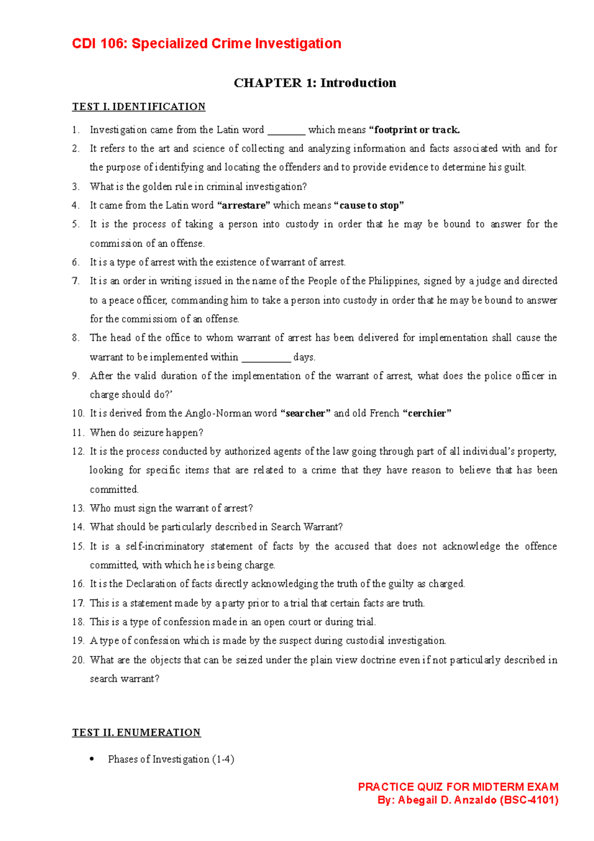 CDI 106- Practice QUIZ - quiz - CHAPTER 1: Introduction TEST I ...