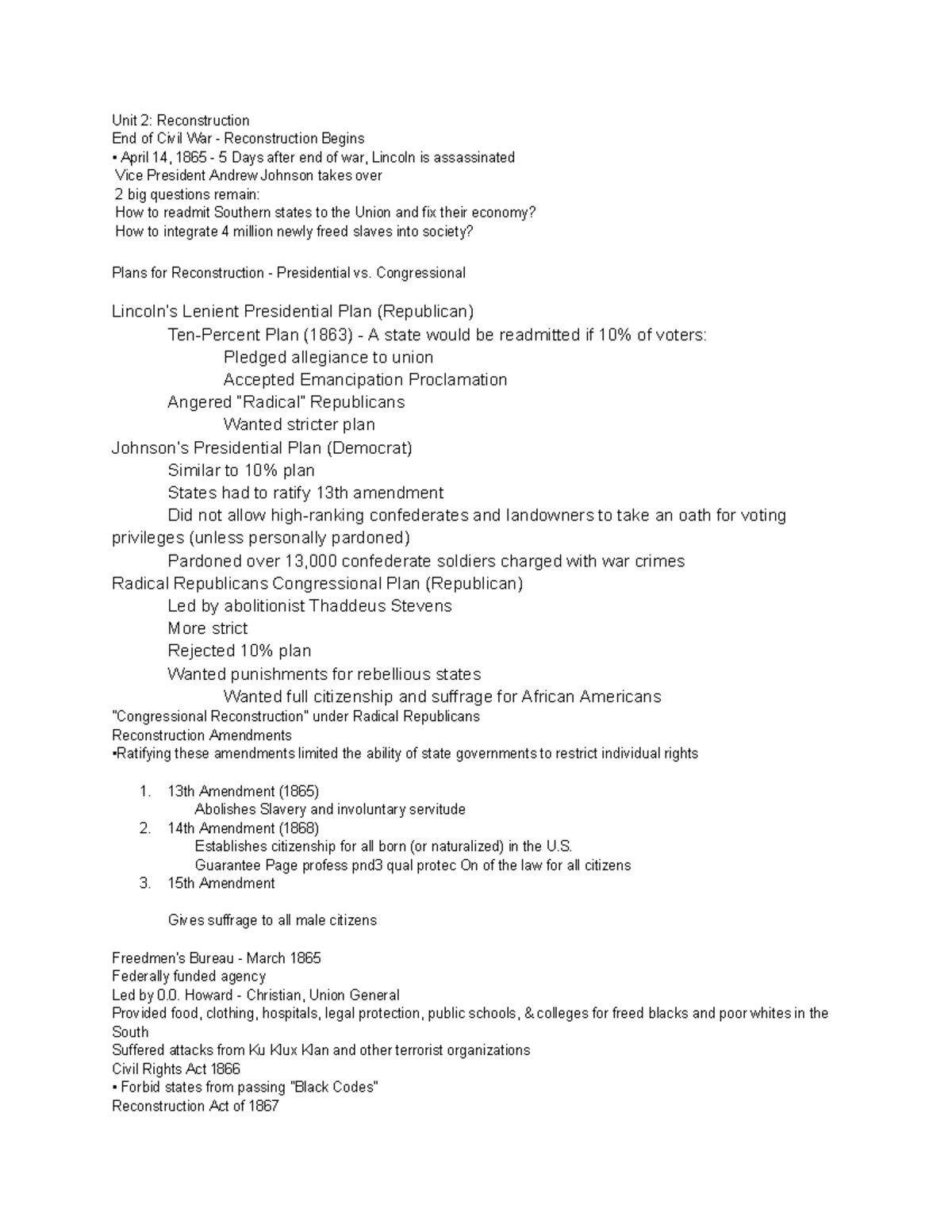 Reconstruction/gilded age - Unit 2: Reconstruction End of Civil War ...