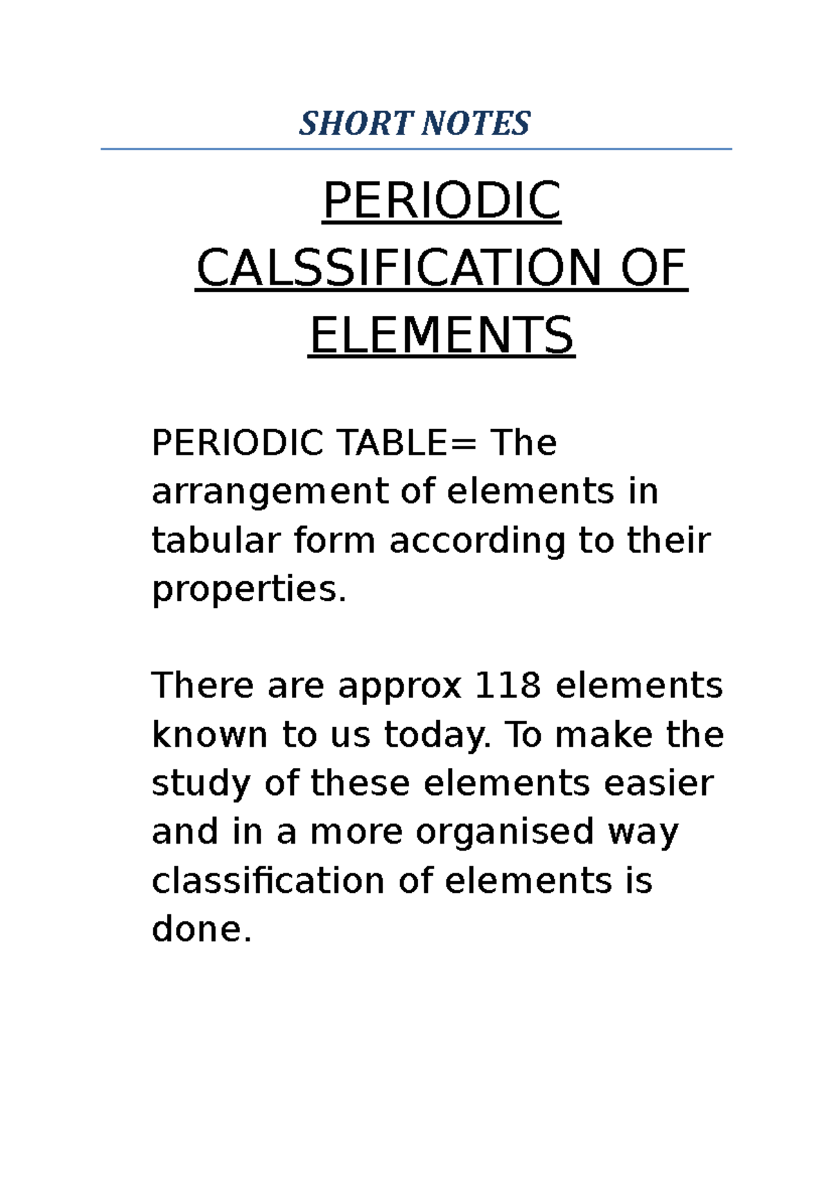 Short Notes Periodic Classification - SHORT NOTES PERIODIC ...