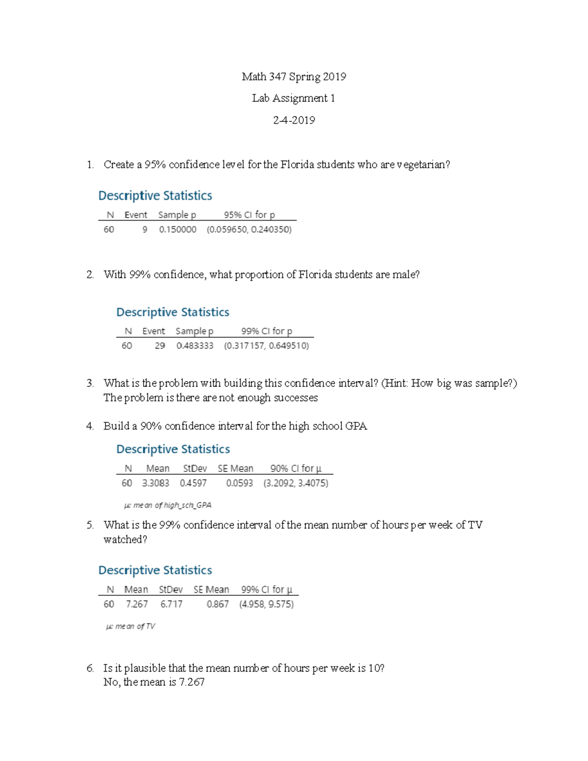 MTH 347 Lab 1 - Lab Report from Professor Zafiri's class - Math 347 ...