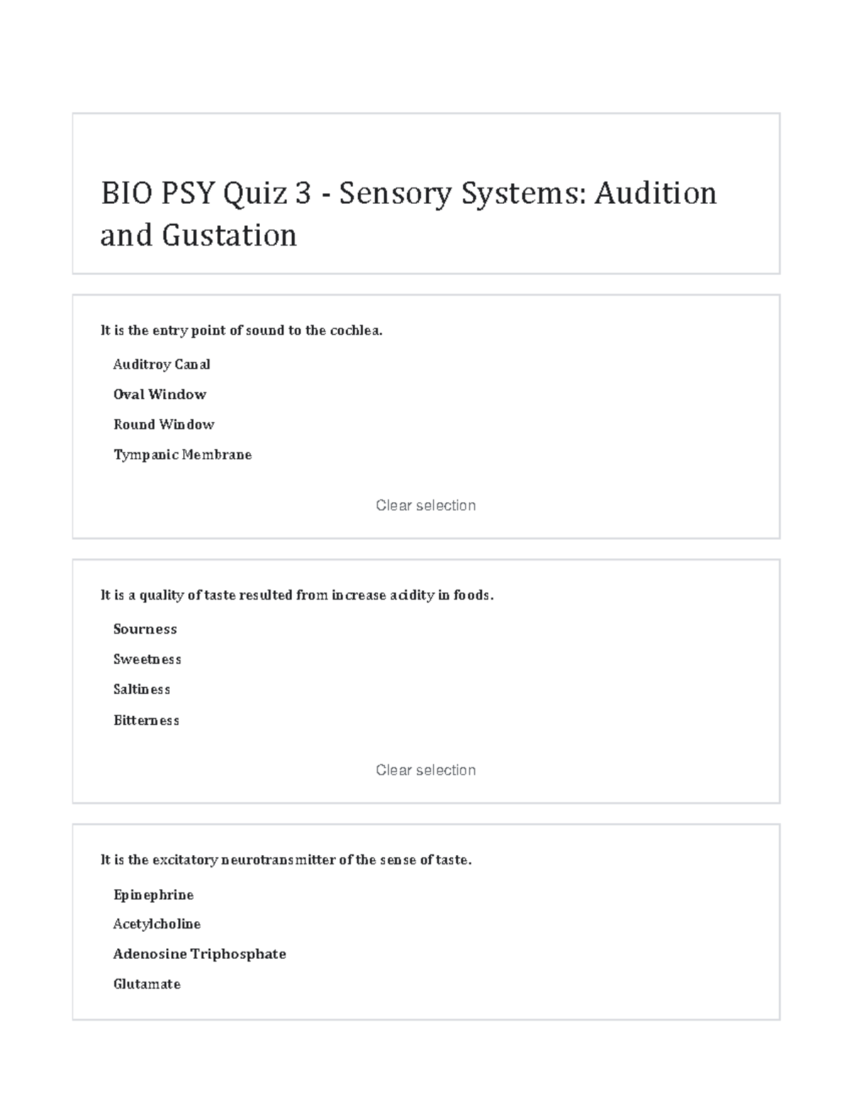BIO PSY reviewer - BIO PSY Quiz 3 - Sensory Systems: Audition and ...