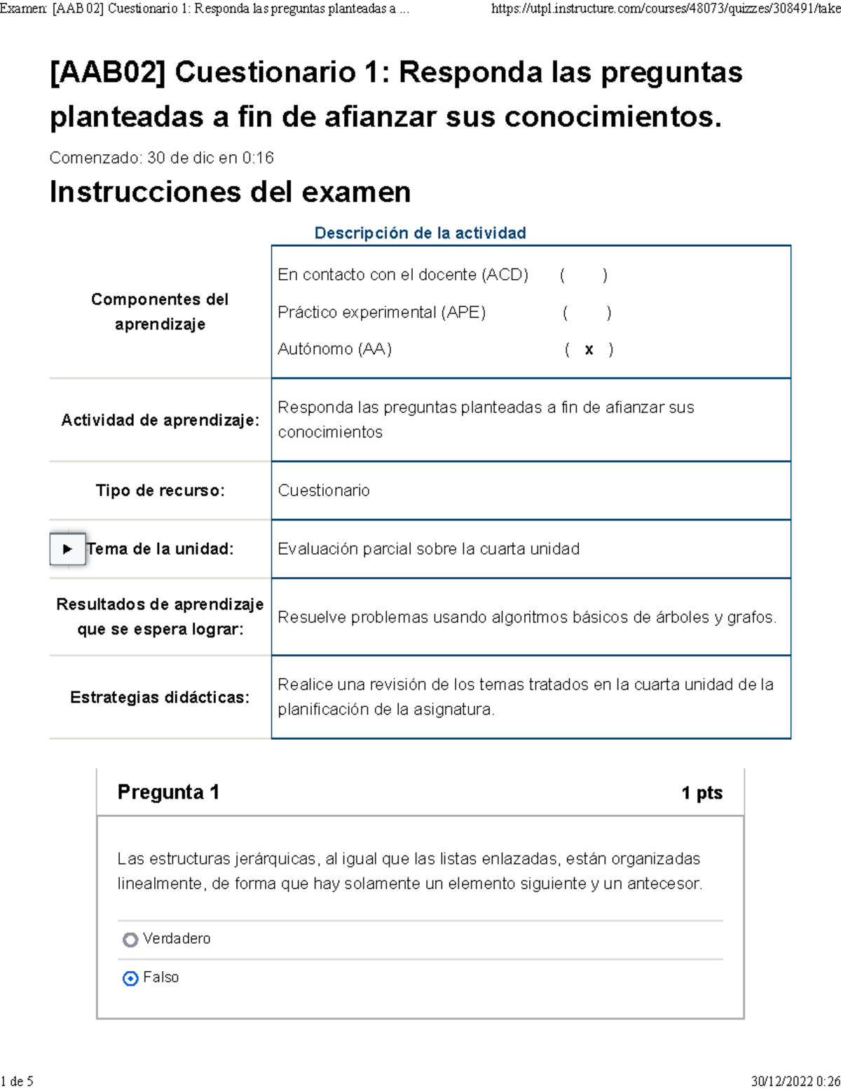 Examen [AAB02] Cuestionario 1 Responda las preguntas planteadas a fin de afianzar sus ...