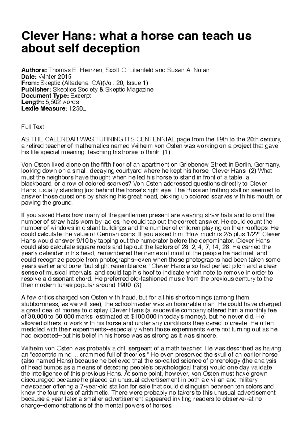 Clever Hans- What a Horse Can Teach us about Self- Deception - Clever ...