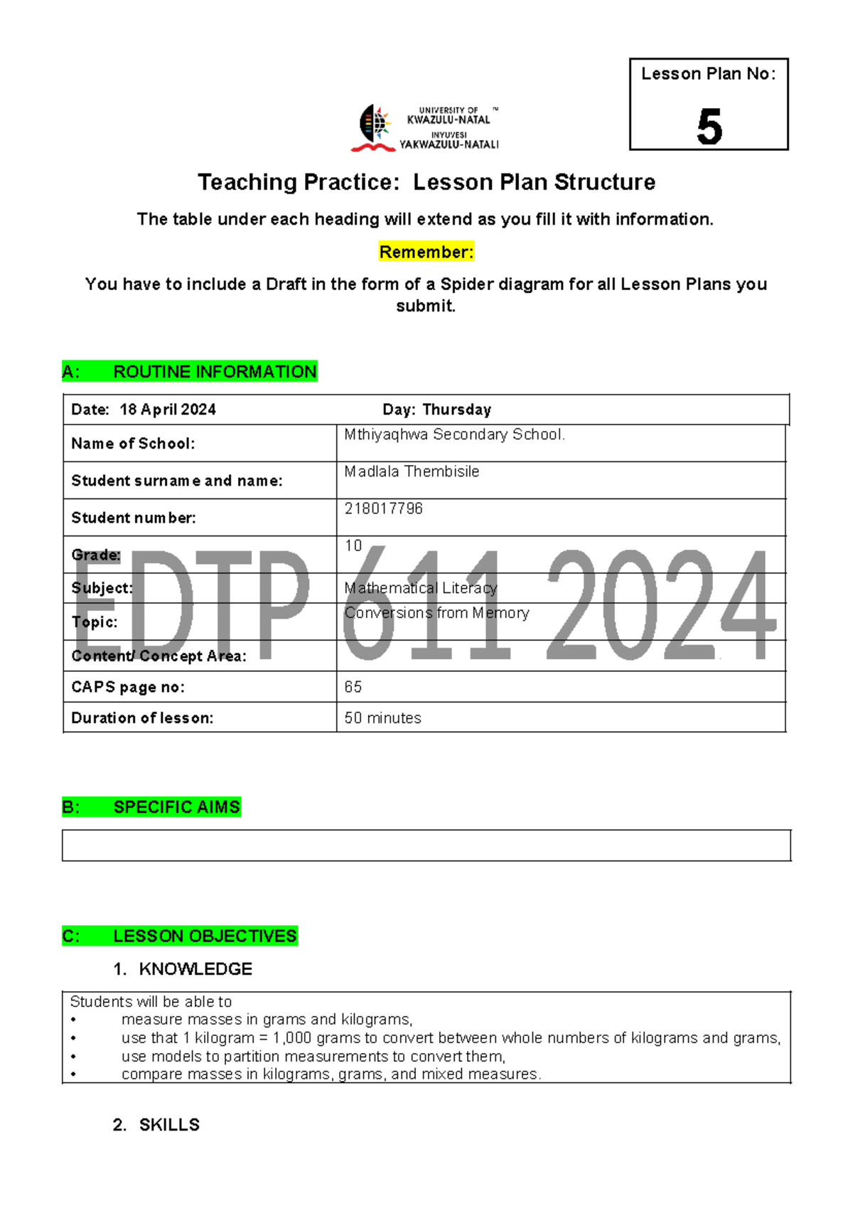 Lesson PLAN 5 Maths LIT Grade 10 - Teaching Practice: Lesson Plan ...