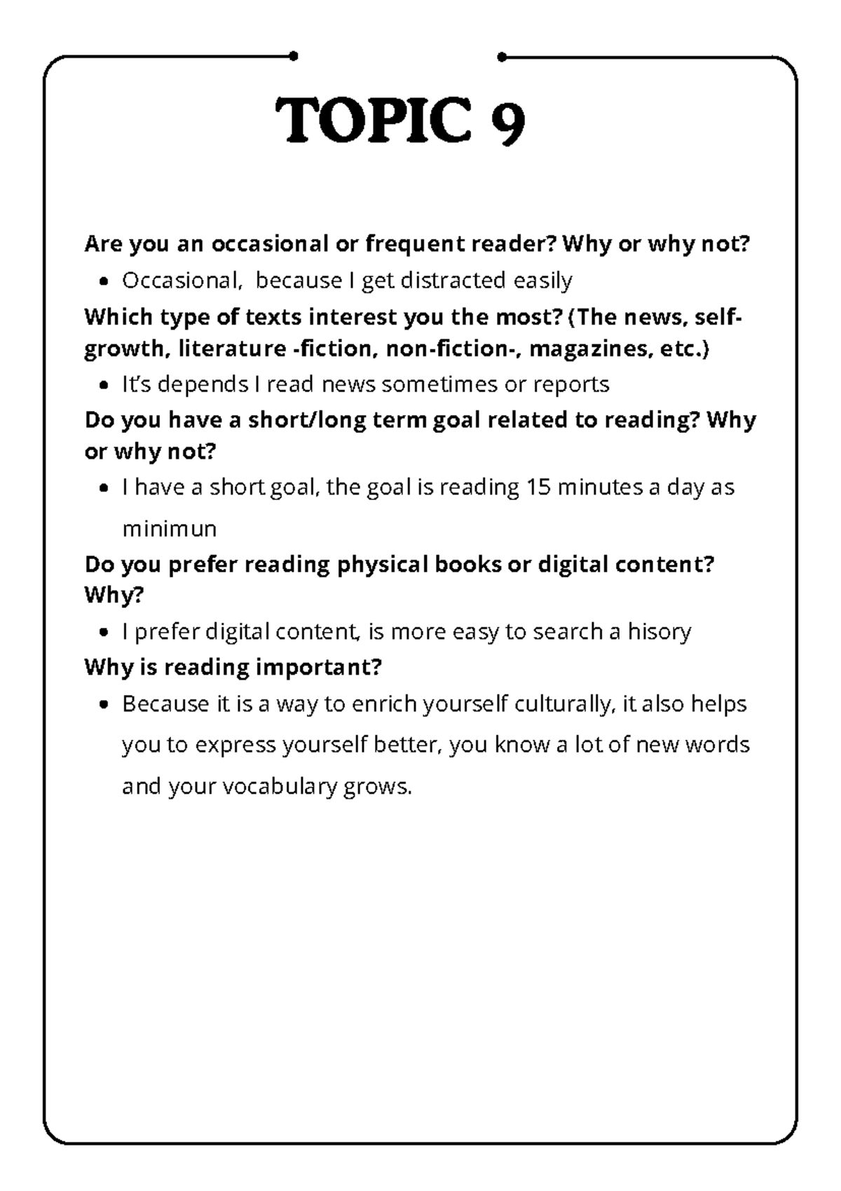 Topic 9 - ejercicio - TOPIC 9 Are you an occasional or frequent reader ...