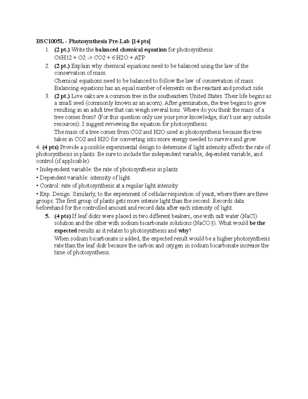 Photosynthesis Pre-Lab - ) Write the balanced chemical equation for ...