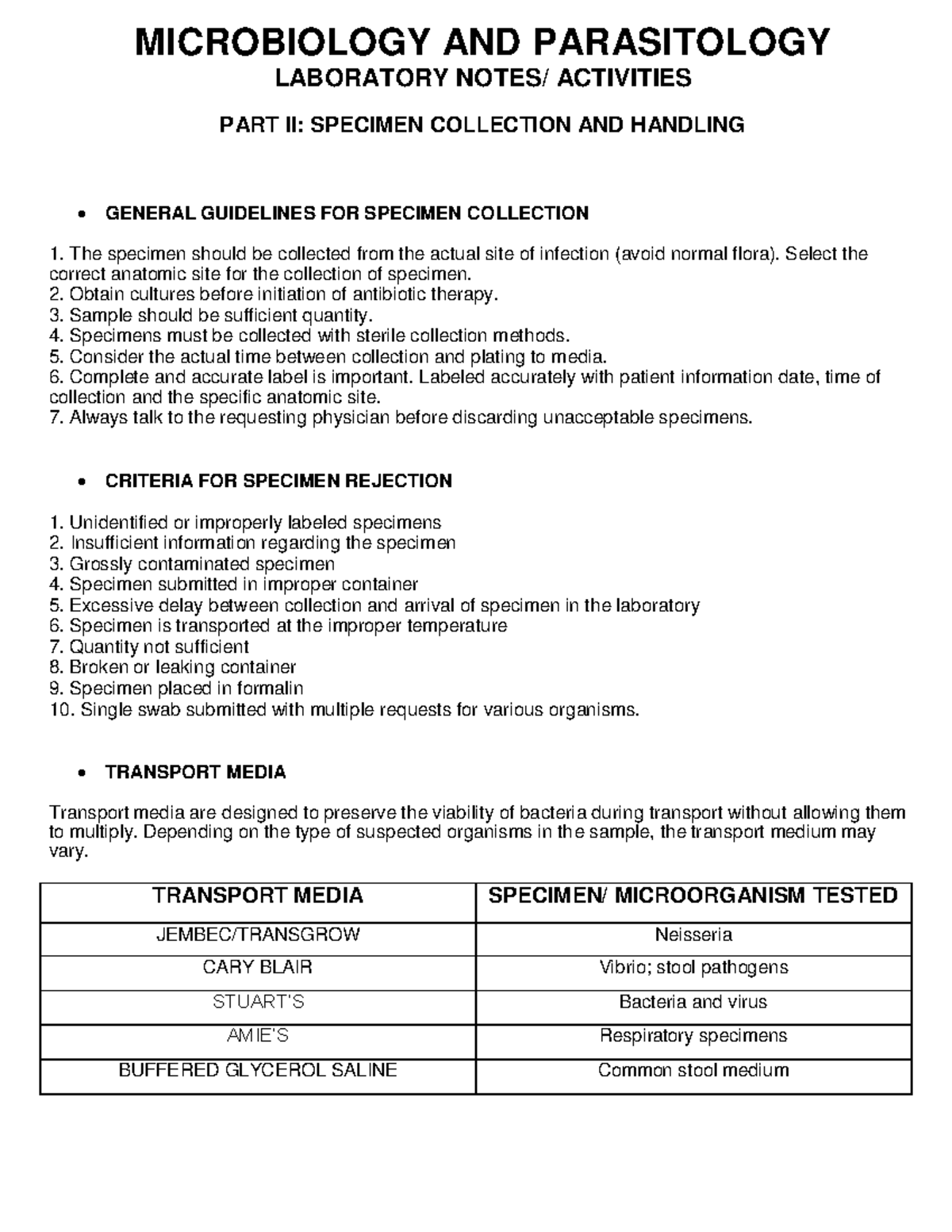Specimen- Collection- Handling - LABORATORY NOTES/ ACTIVITIES PART II ...