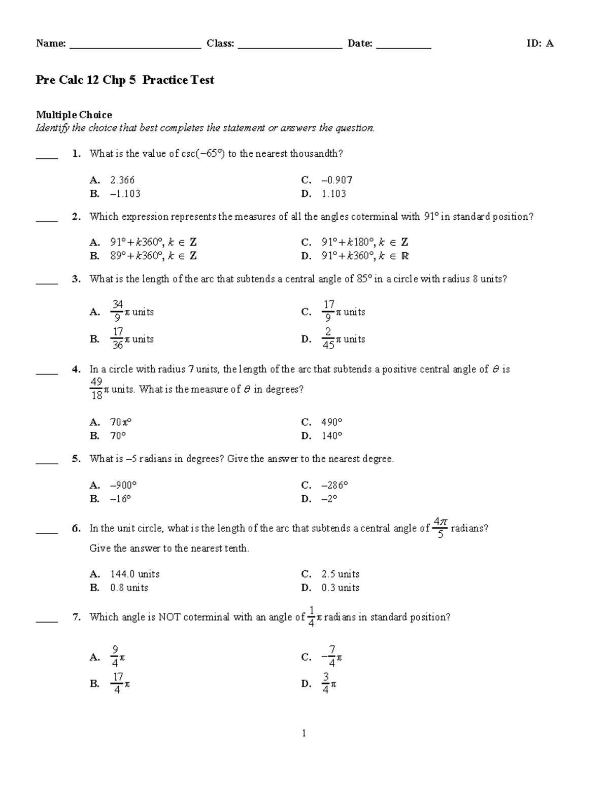 Pre Calc 12 Chp 5 Practice Test - Name: ________________________ Class