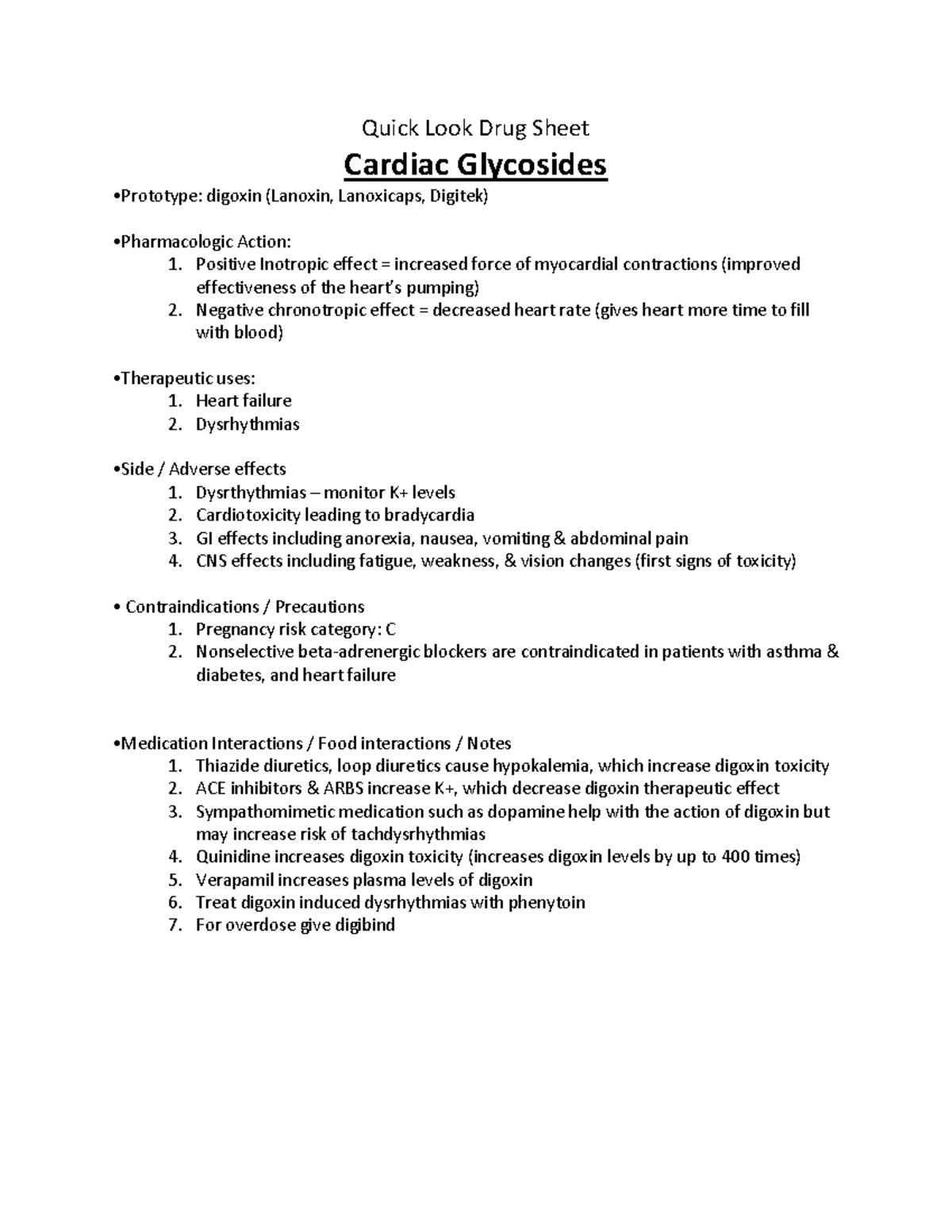 Quiz 2 - Part 1 Quick Look Drug Sheets - Quick Look Drug Sheet Cardiac ...