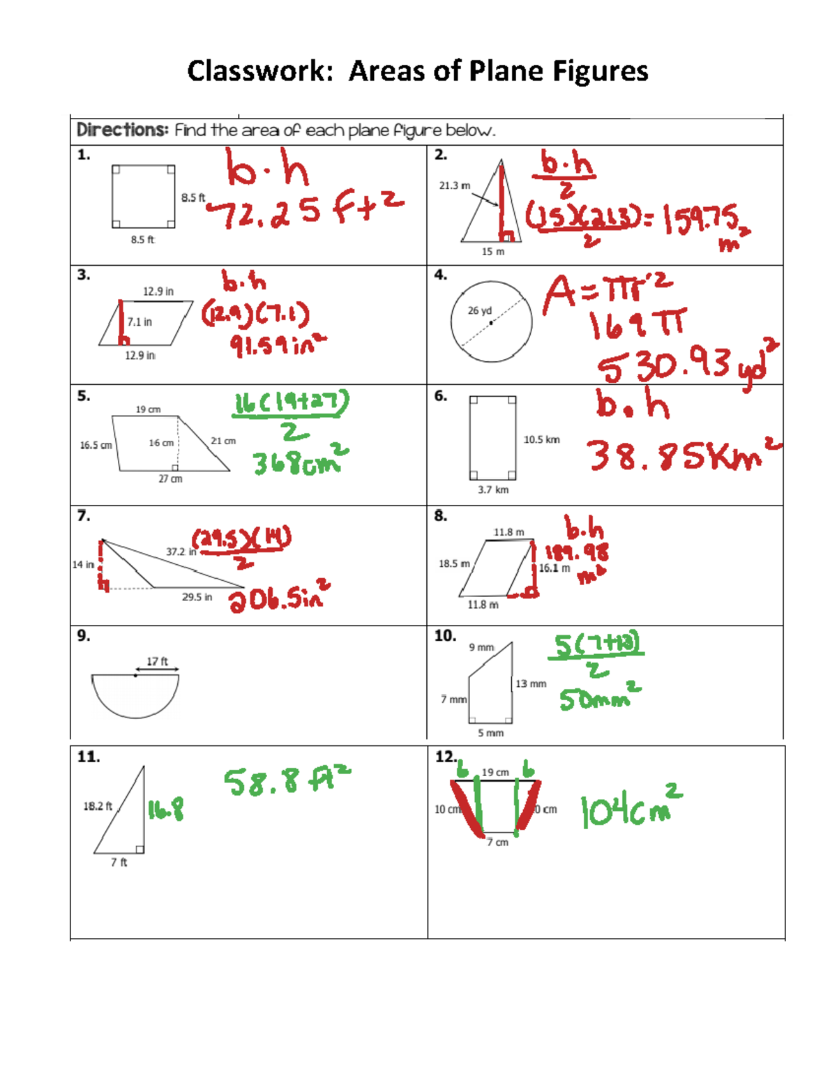 Areas of Plane Figures Classwork - Classwork: Areas of Plane Figures ...