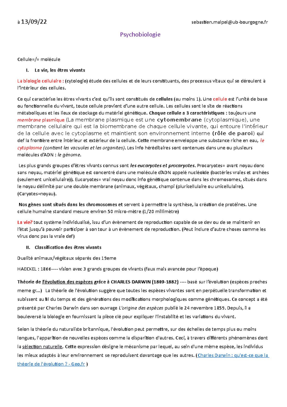 Psycho BIO - à 13/09/22 sebastien@ub-bourgogne Psychobiologie Cellule ...