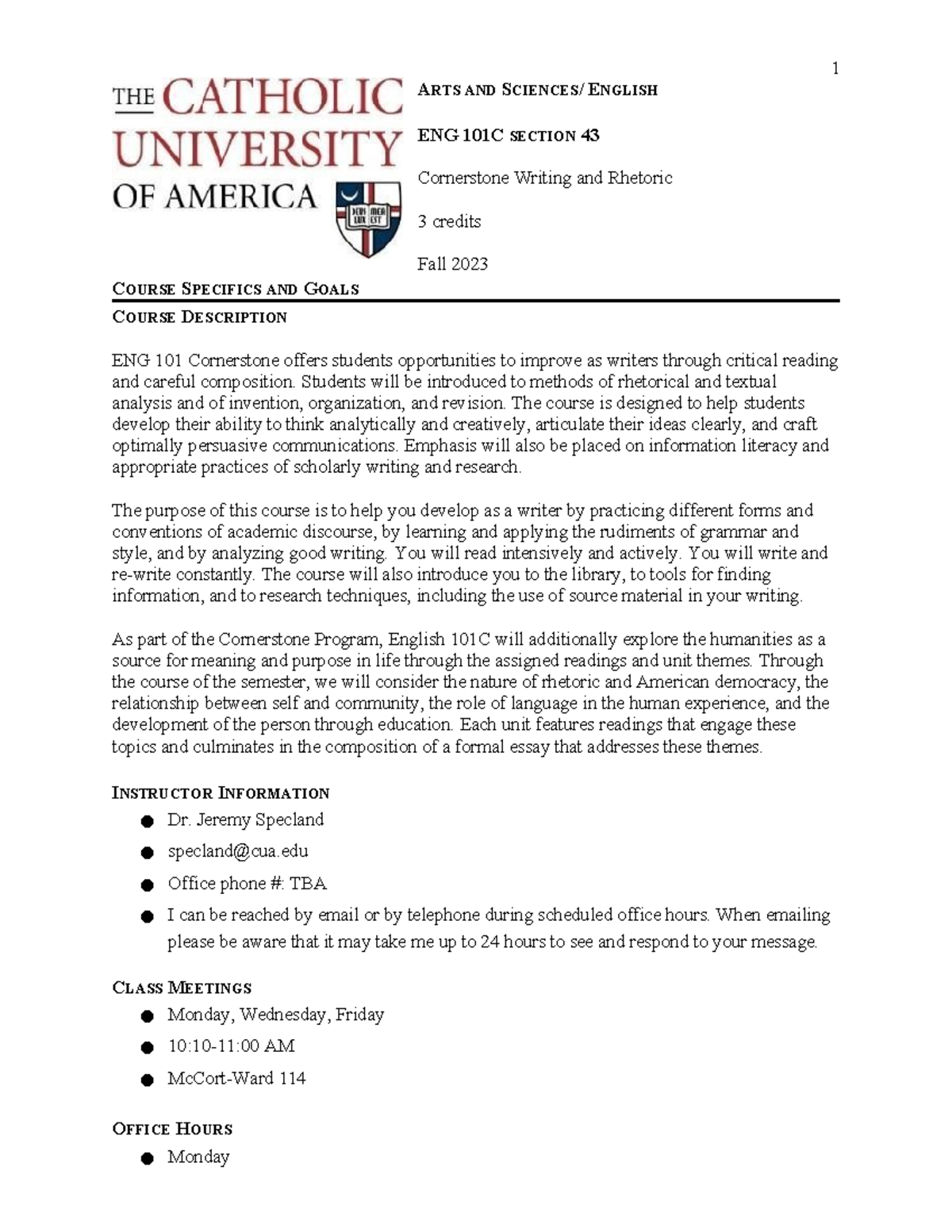 Syllabus English 101C Fall 2023 Section 43(1) - ARTS AND SCIENCES ...