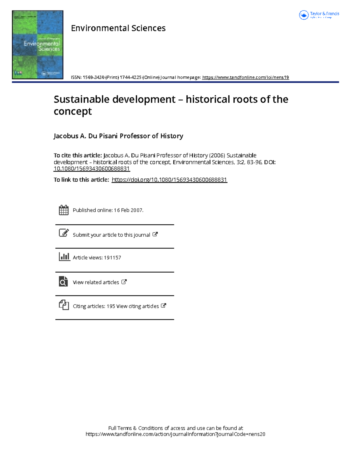 Sustainable development historical roots of the concept - Full Terms ...