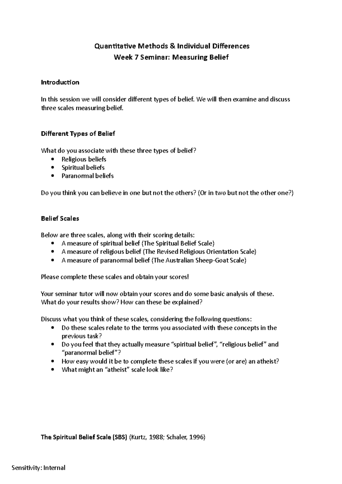 Week 7 Seminar - Measuring Belief (student 21-22) - Derby - Studocu