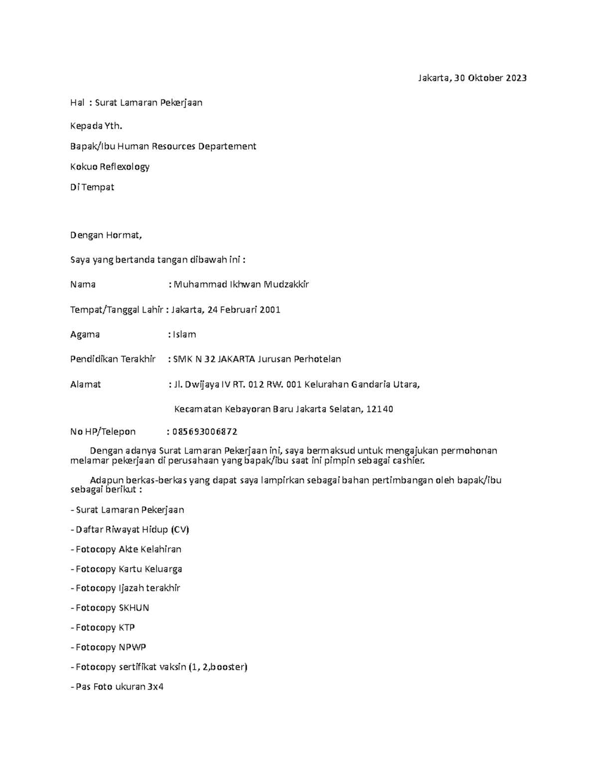 Surat Lamaran Pekerjaan - Jakarta, 30 Oktober 2023 Hal : Surat Lamaran ...