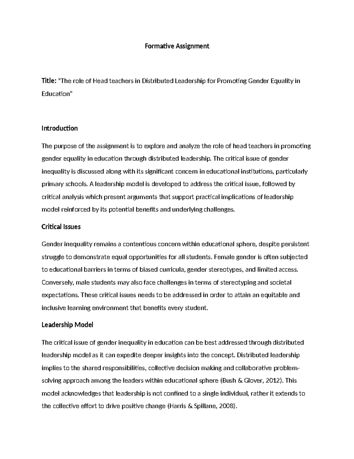 Formative Assignment-1 - Formative Assignment Title: “The role of Head teachers in Distributed ...