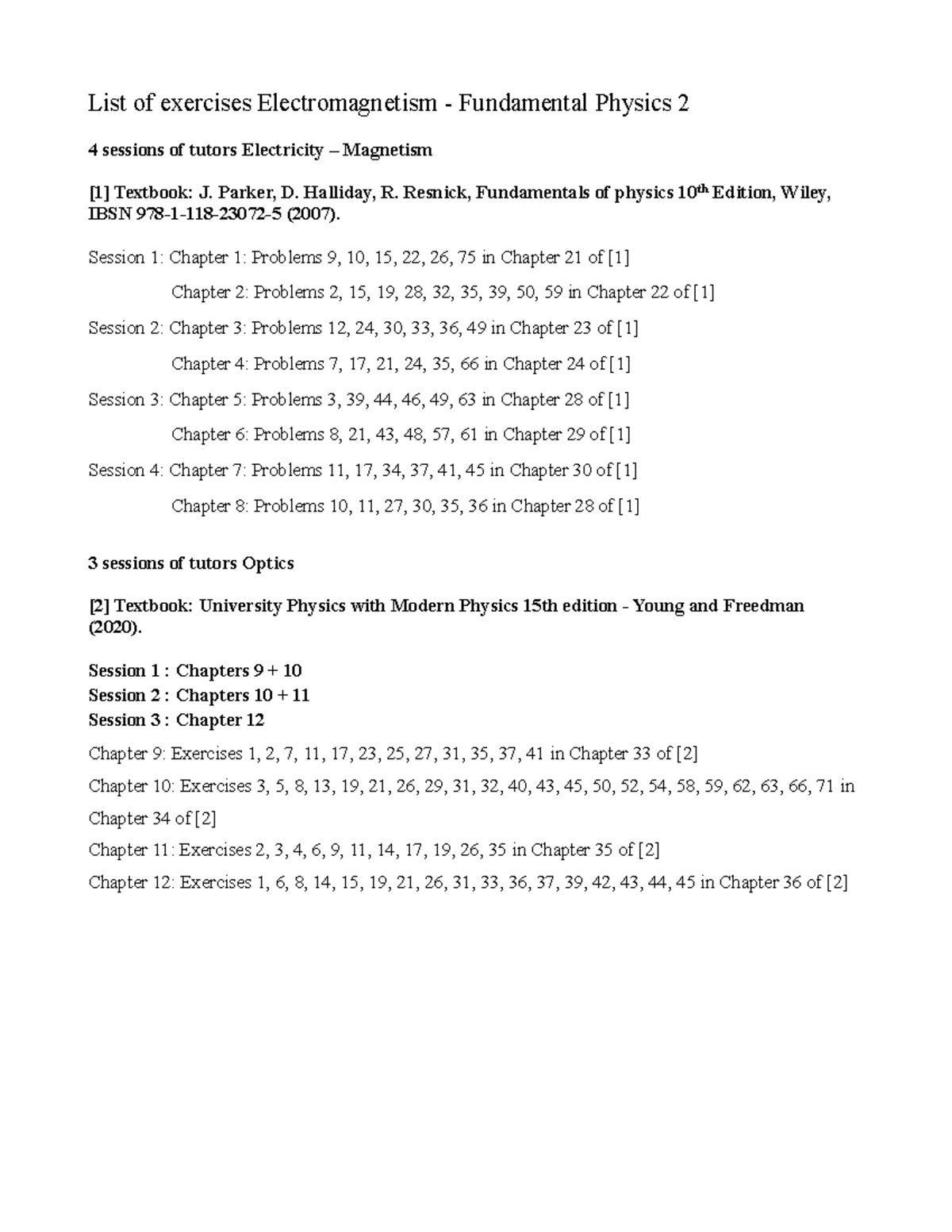 List exercises Fundamental Physics II AY2023-2024 - List of exercises ...