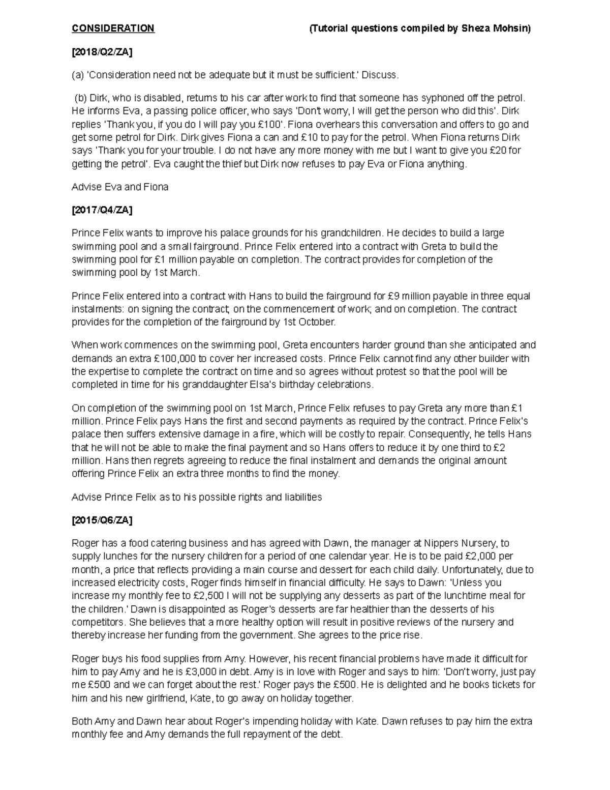 Consideration - CONSIDERATION (Tutorial questions compiled by Sheza ...