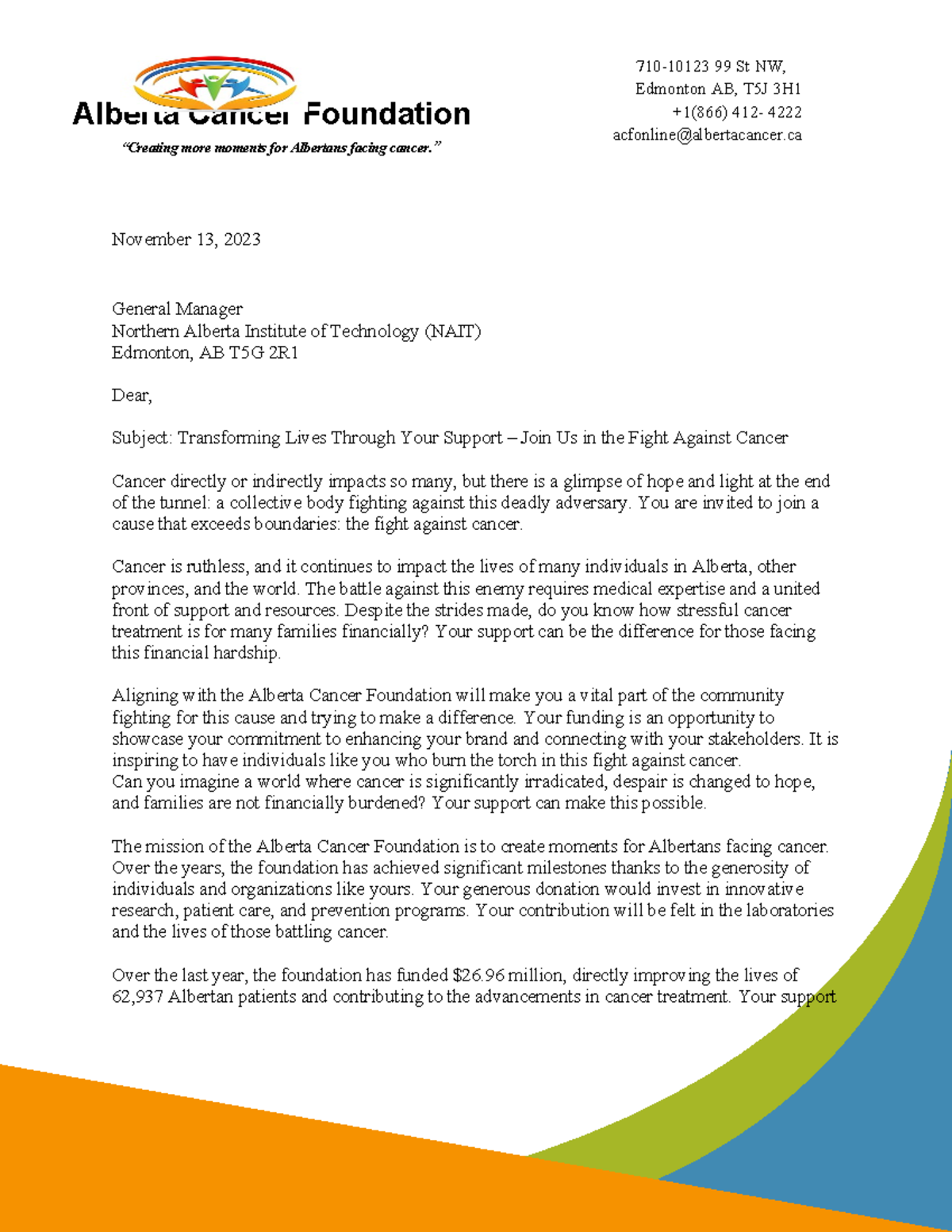 Indirect Business Letter - Alberta Cancer Foundation - Alberta Cancer ...