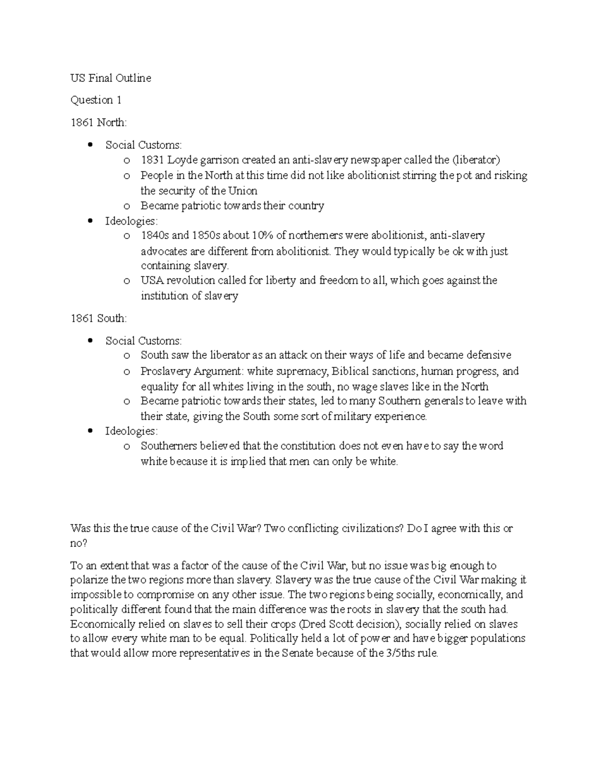 US Final Outline - US Final Outline Question 1 1861 North: Social ...