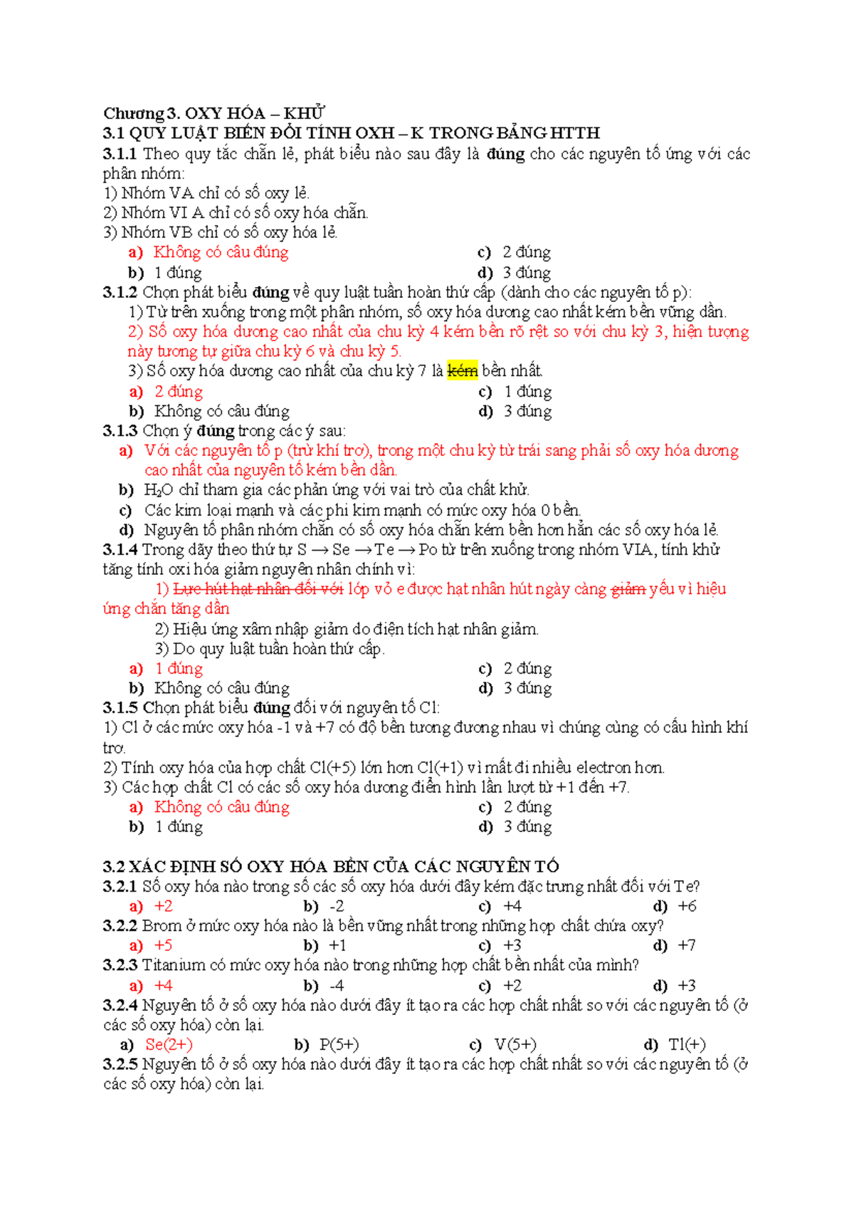 Chương 3. BTTN OXH-K - Chương 3. OXY HÓA – KHỬ 3 QUY LUẬT BIẾN ĐỔI TÍNH OXH – K TRONG BẢNG HTTH ...