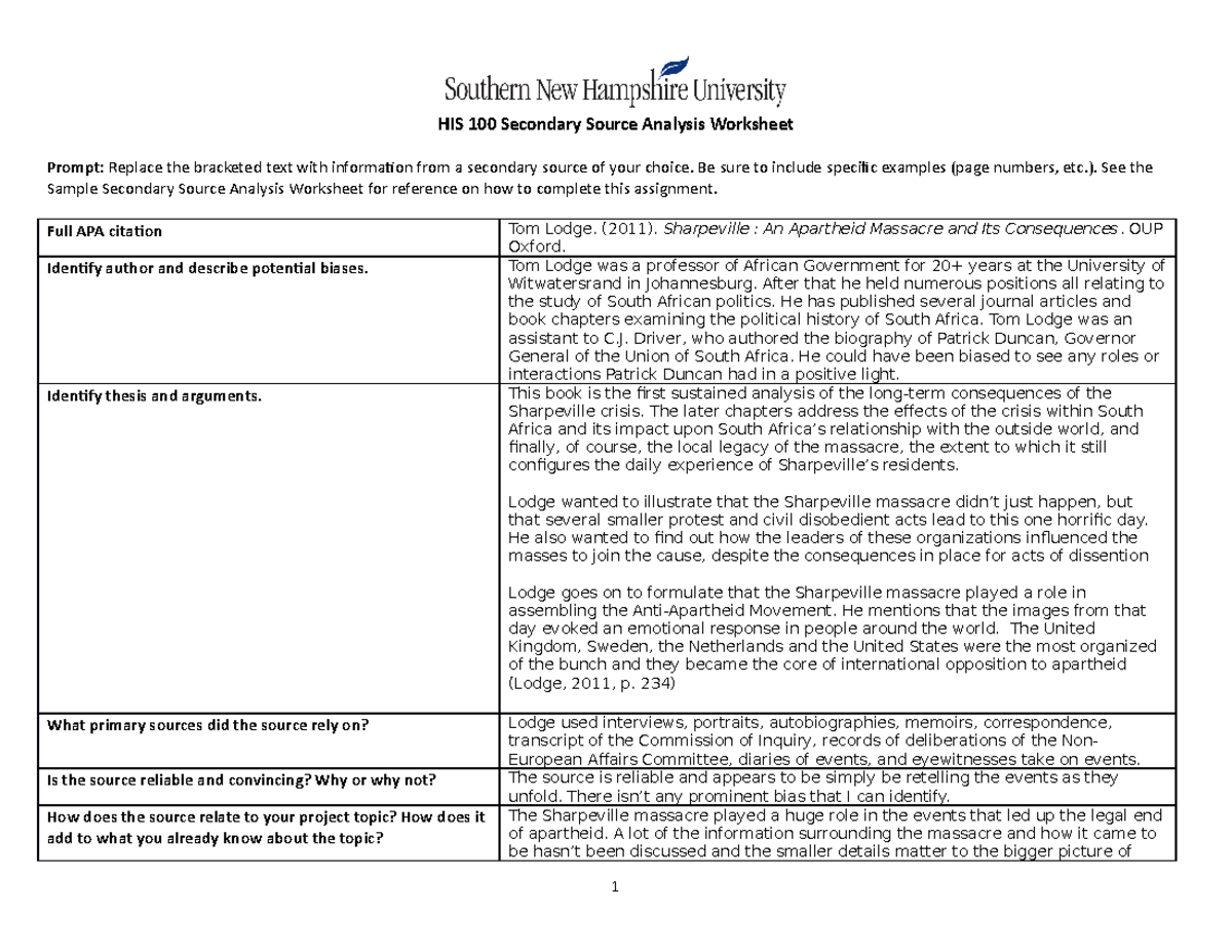HIS 100 Secondary Source Analysis Worksheet - HIS 100 Secondary Source ...