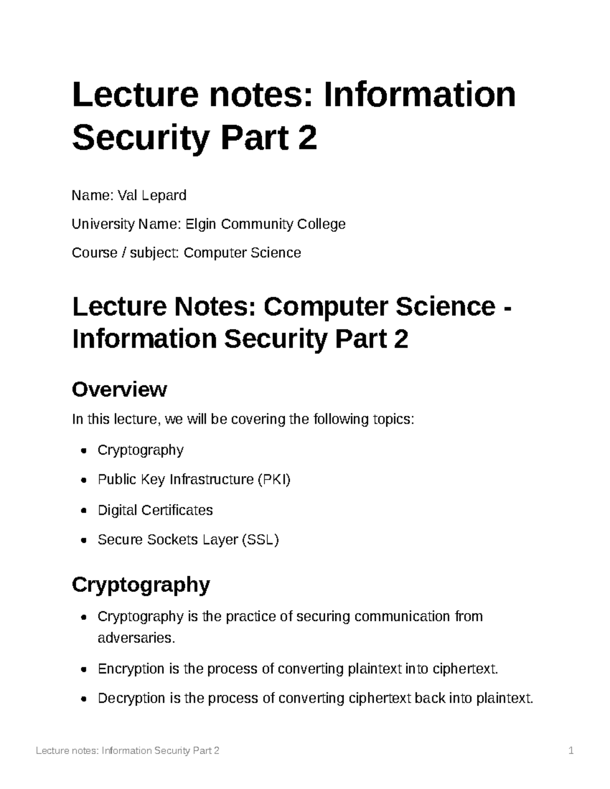 Lecture Notes Information Security Part 2 Lecture Notes Information Security Part 2 Name Val 8760
