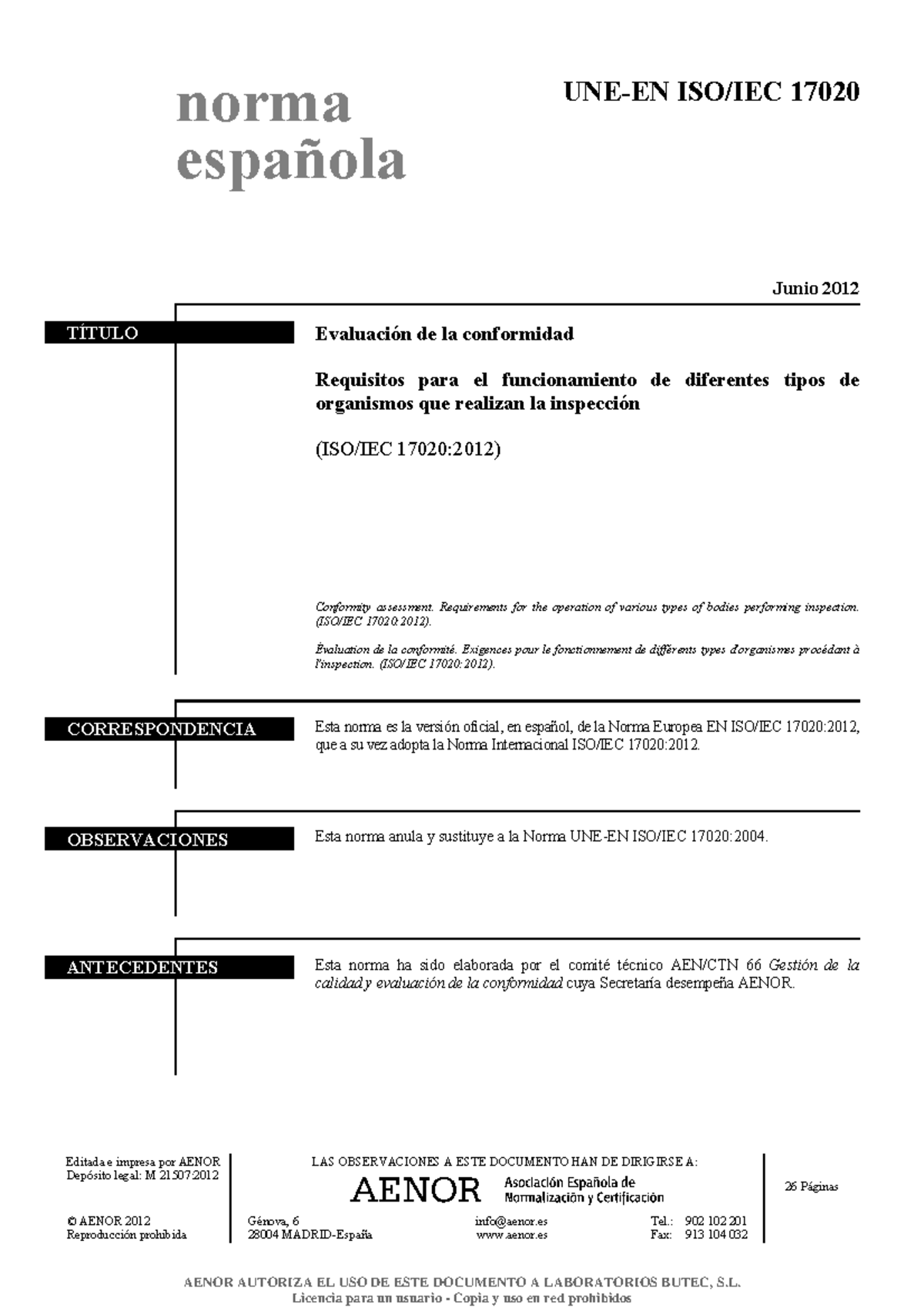 UNE-EN ISO-IEC 17020 2012 - norma español TÍTULO Evalu Requi organ (ISO/I Conformi (ISO/IEC ...