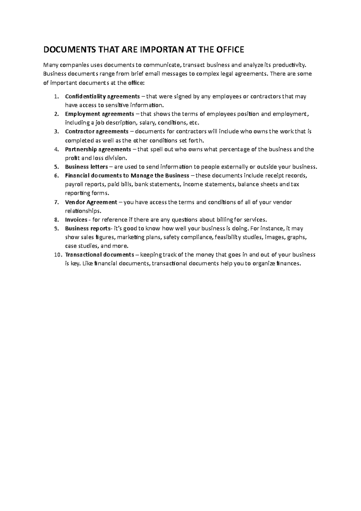 Documents THAT ARE Importan AT THE Office 7 - DOCUMENTS THAT ARE ...