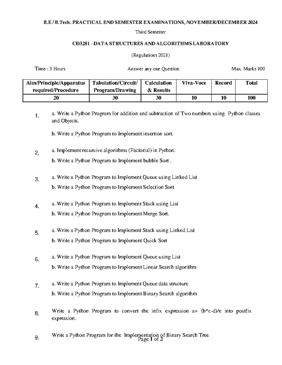CD3281 SET3 - question set - Page 1 of 2 B / B. PRACTICAL END SEMESTER ...