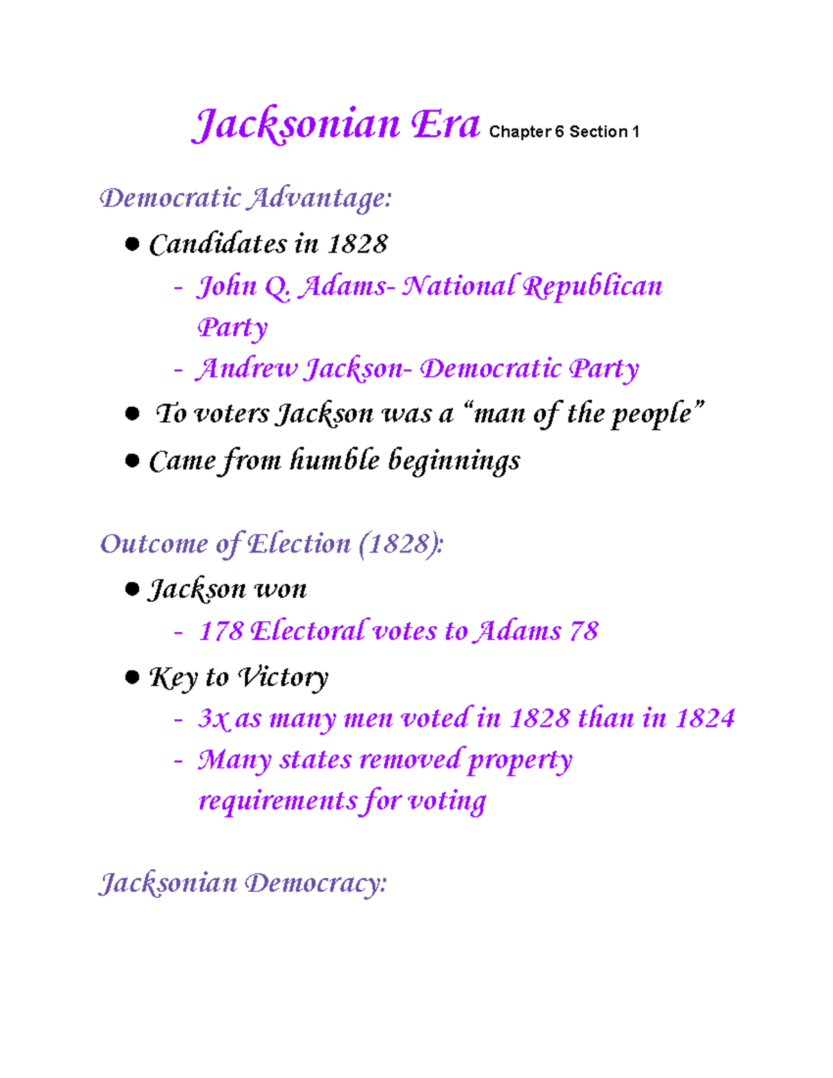 6 - Jacksonian Era - Jacksonian Era Chapter 6 Section 1 Democratic ...