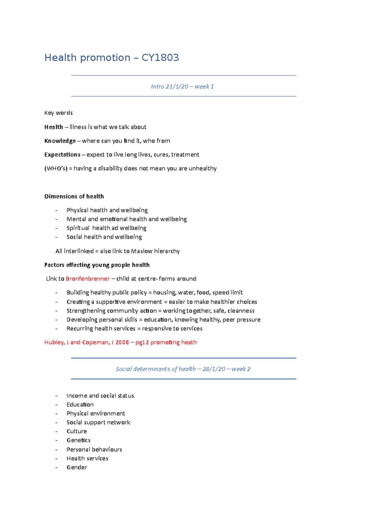 Notes Health promotion - Health promotion – CY Intro 21/1/20 – week 1 ...